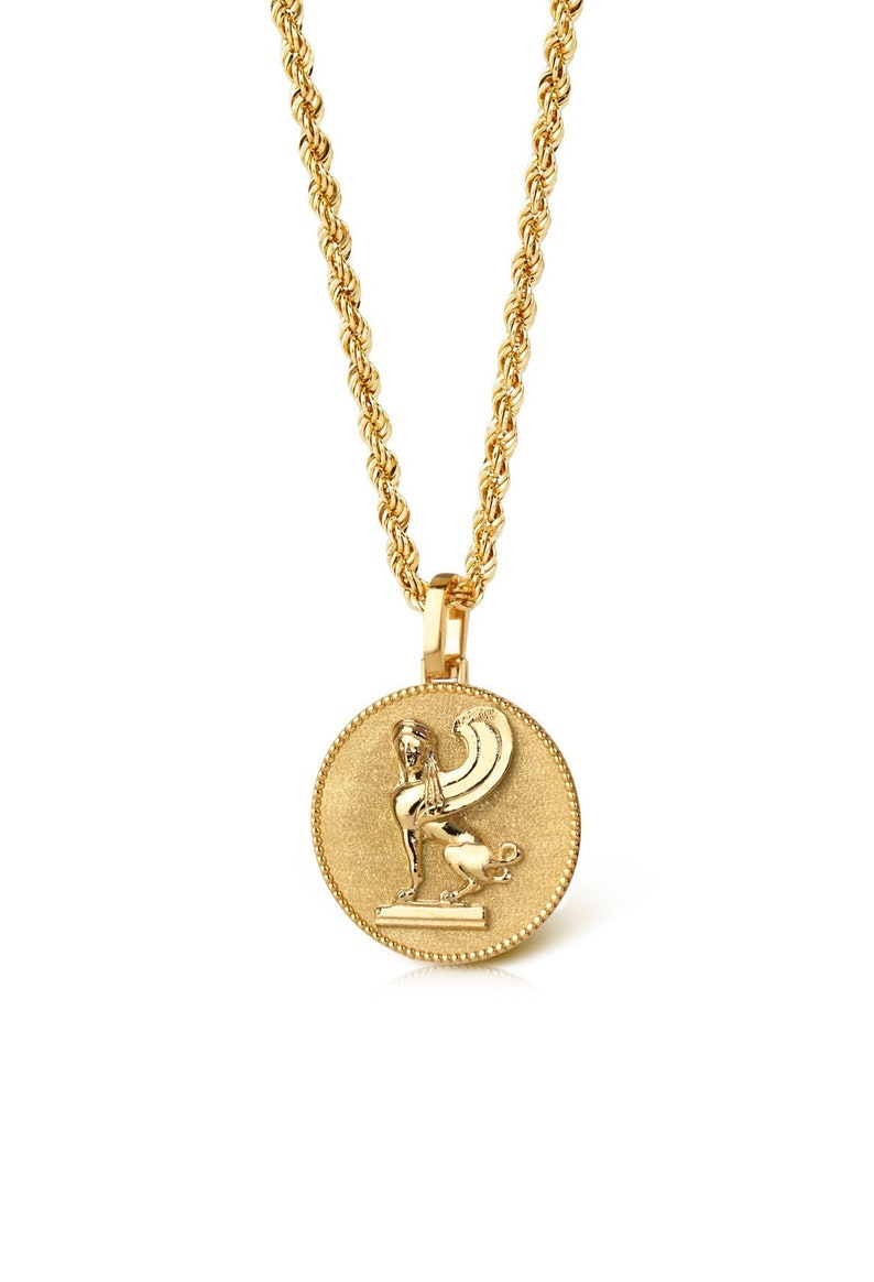 14K Solid Gold Sphinx Pendant, Egyptian Coin Necklace, Mythical Sphinx ...