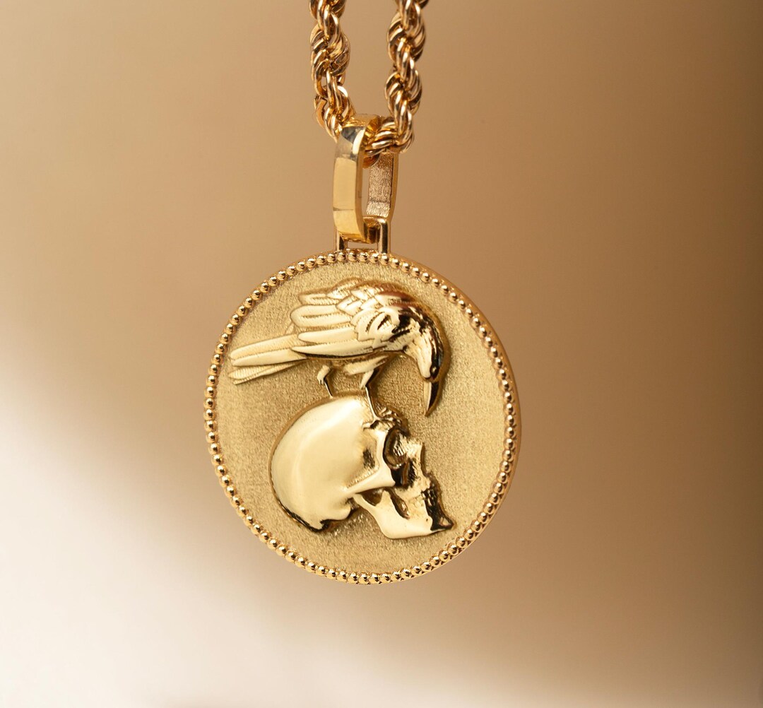 14K Gold Raven Skull Necklace, Memento Mori Necklace, Raven Bird ...