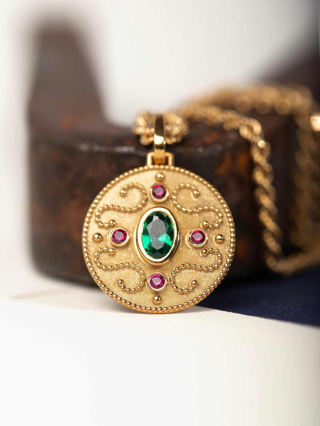 14K Gold Emerald Byzantine Necklace, Ancient Greek Jewelry, Multi ...