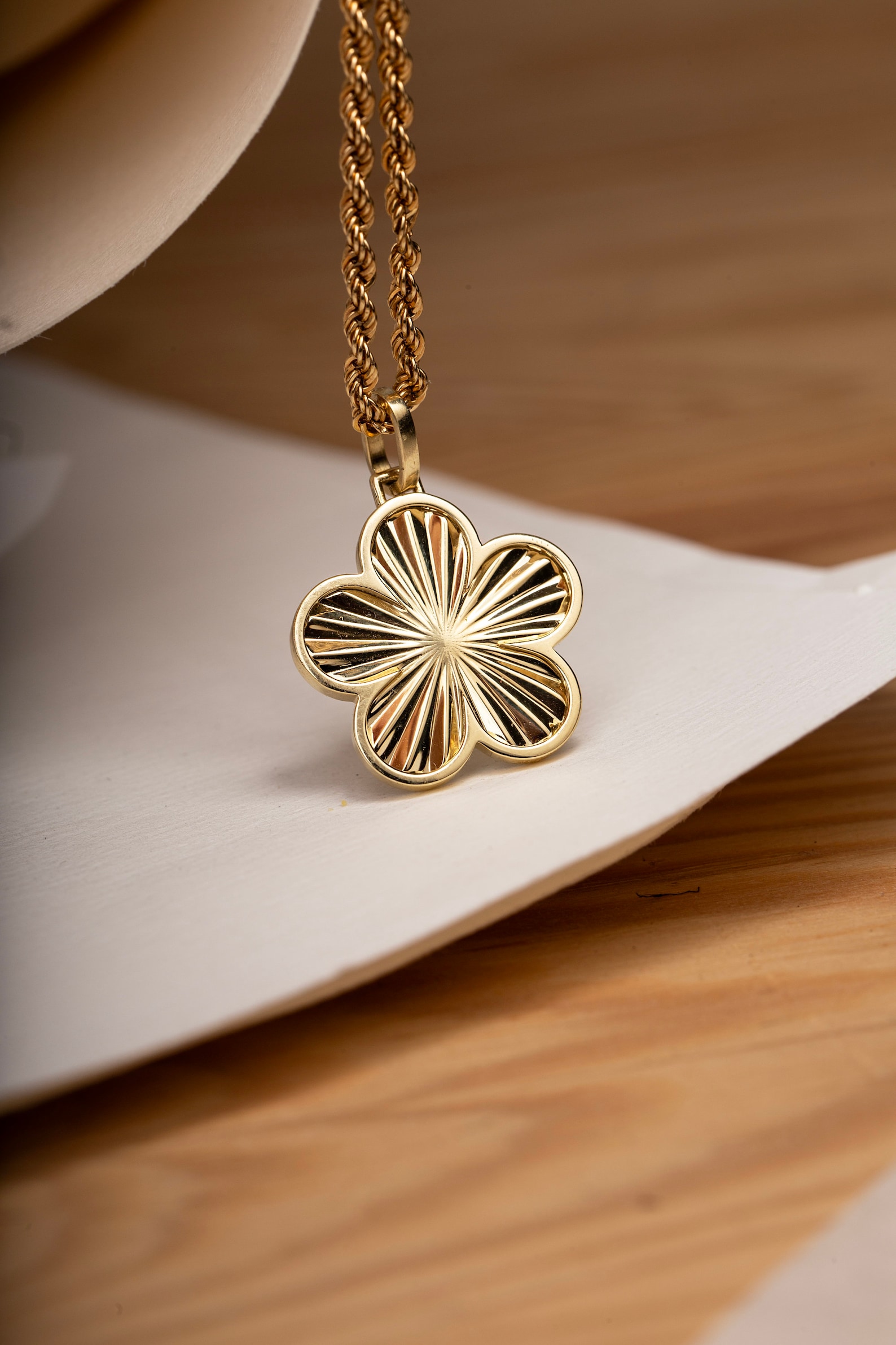 14K Solid Gold Five Leaf Clover Pendant, Flower Clover Gold Necklace, Engraved Sunburst Clover ...