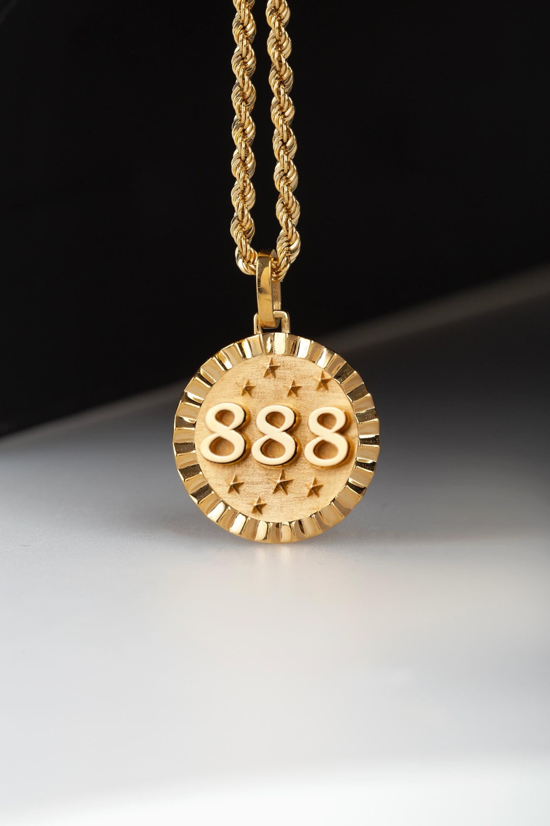 888 Angel Number Necklace, 14K Solid Gold Chinese Good Luck Numerology ...