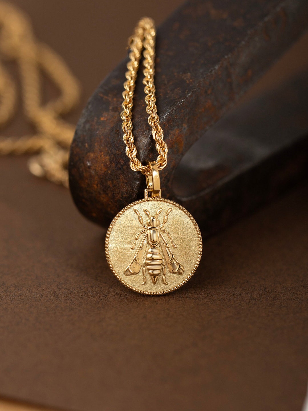 14K Solid Gold Bee Necklace, Gold Honeybee Pendant, Layered Bee Jewelry ...