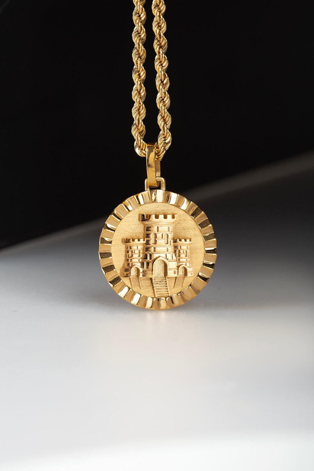 14K Solid Gold Castle Necklace, Castle Medallion, Fortress Jewelry ...