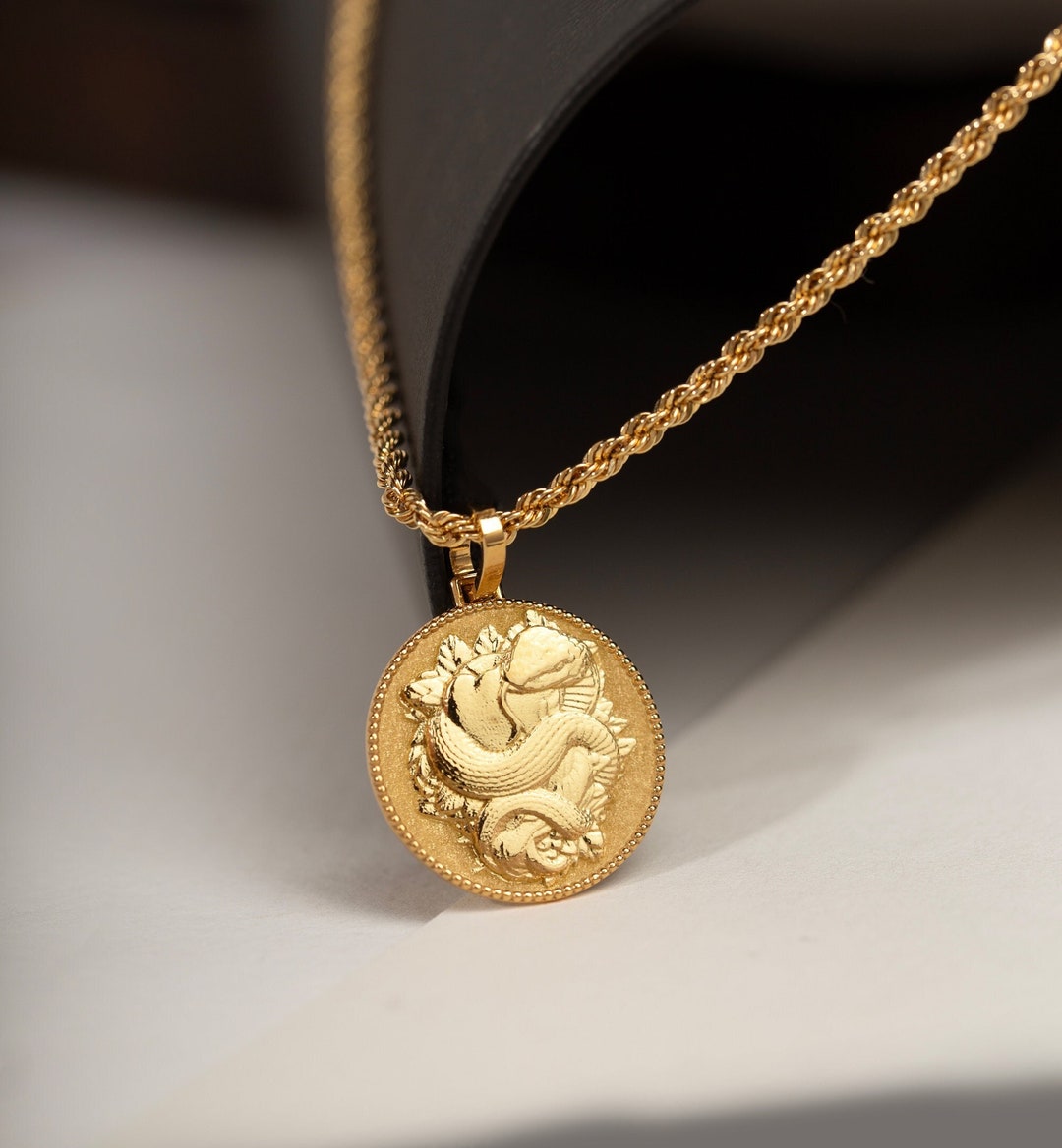 14K Solid Gold Eden Serpent Necklace, Adam and Eve Snake Pendant ...