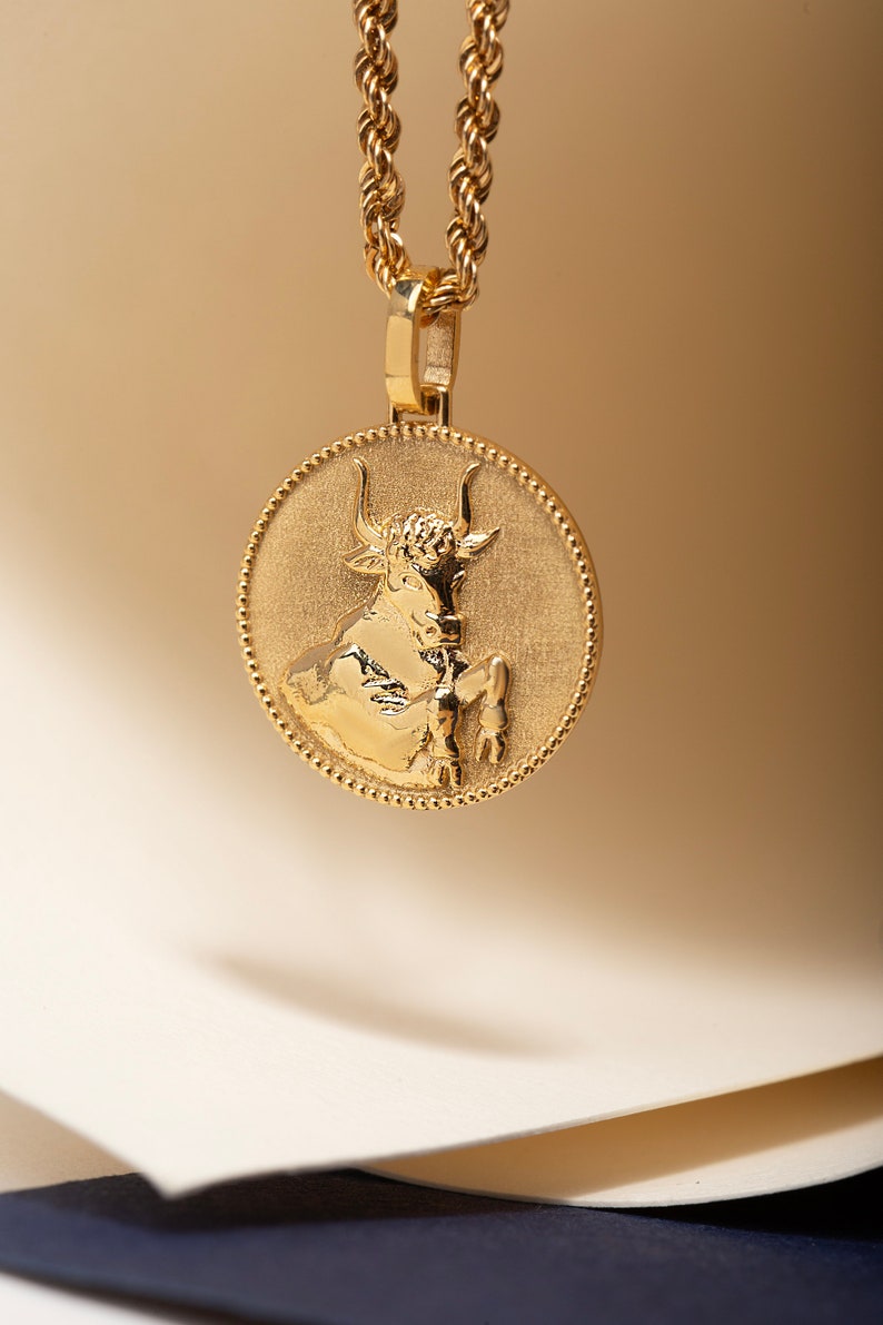Taurus Necklace, 14K Gold Horoscope Sign Pendant, April May Zodiac Sign ...