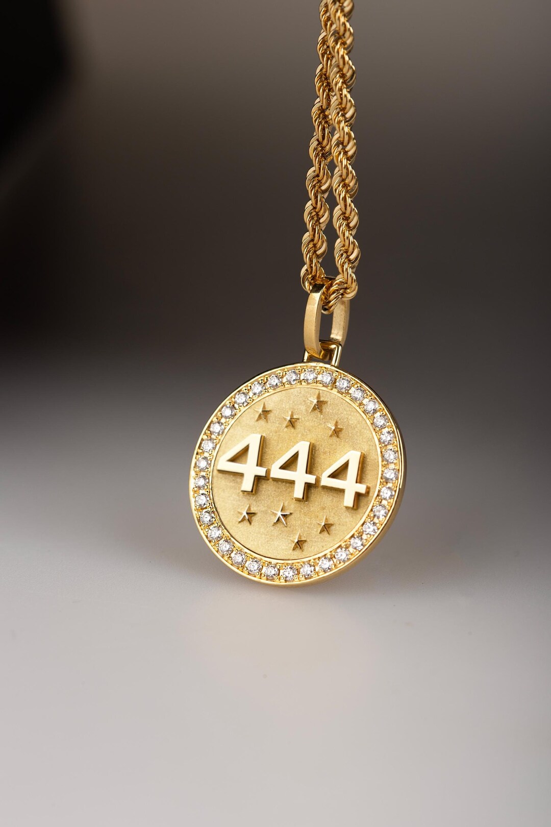 14K Gold Angel Number 444 Necklace, Personalized Lucky Number Charm ...