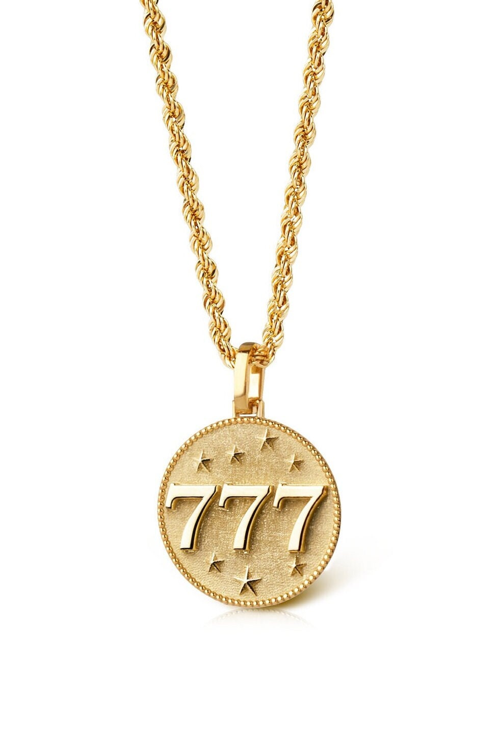 14K Solid Gold Lucky Number Necklace, Gold Disc 777 Pendant ...