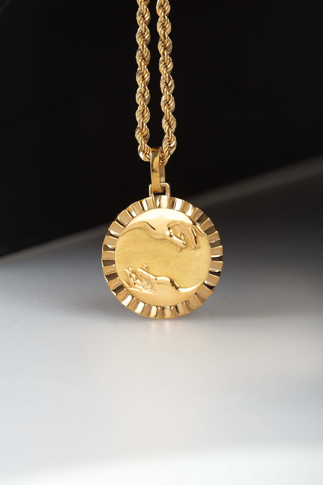 Creation of Adam Pendant, 14K Gold Hand of God Necklace, Michelangelo ...