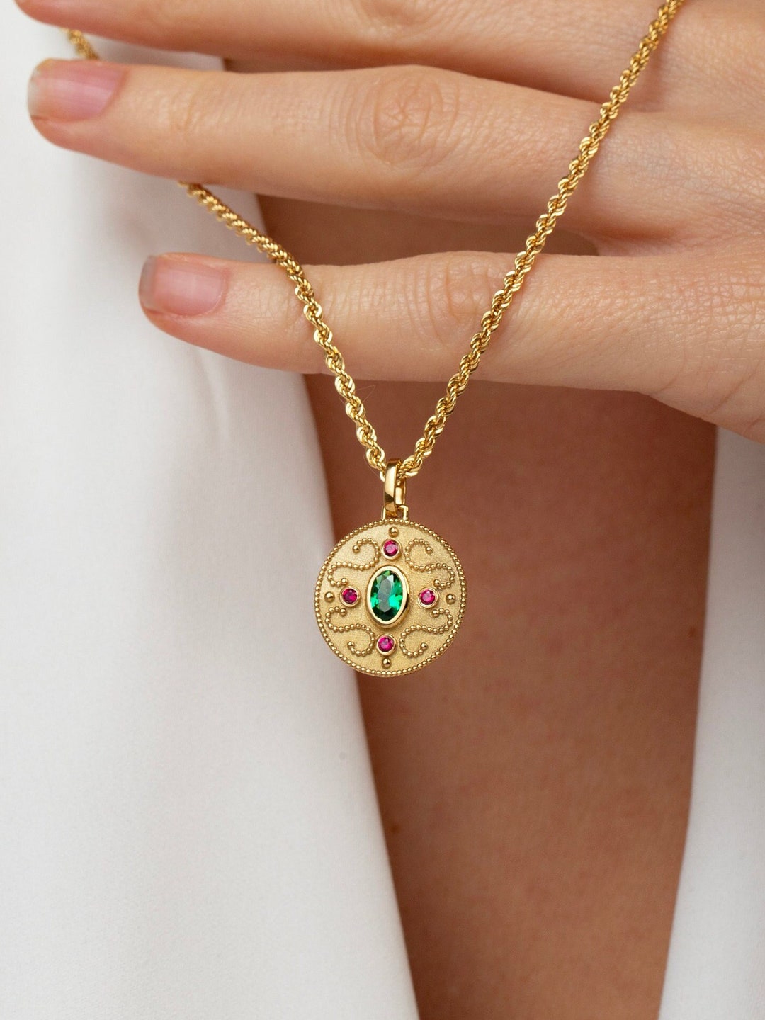 14K Gold Emerald Byzantine Necklace: Ancient Greek Style Pendant - Etsy
