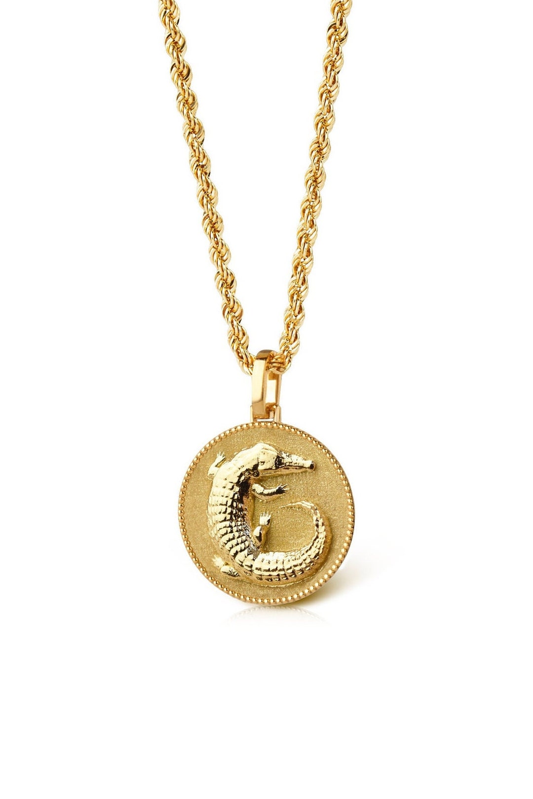 14K Solid Gold Alligator Pendant, Wildlife Jewelry, Crocodile Coin ...