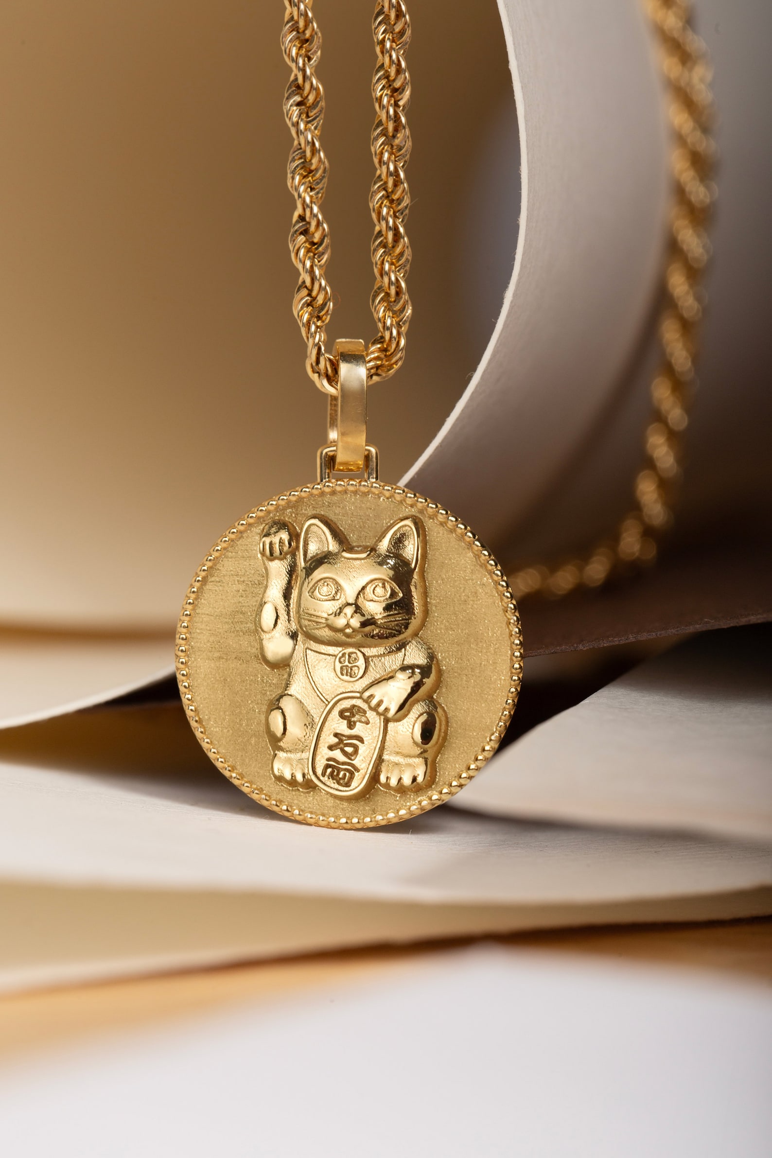 14K Gold Maneki Neko Necklace, Welcoming Cat Jewelry, Lucky Cat Pendant ...
