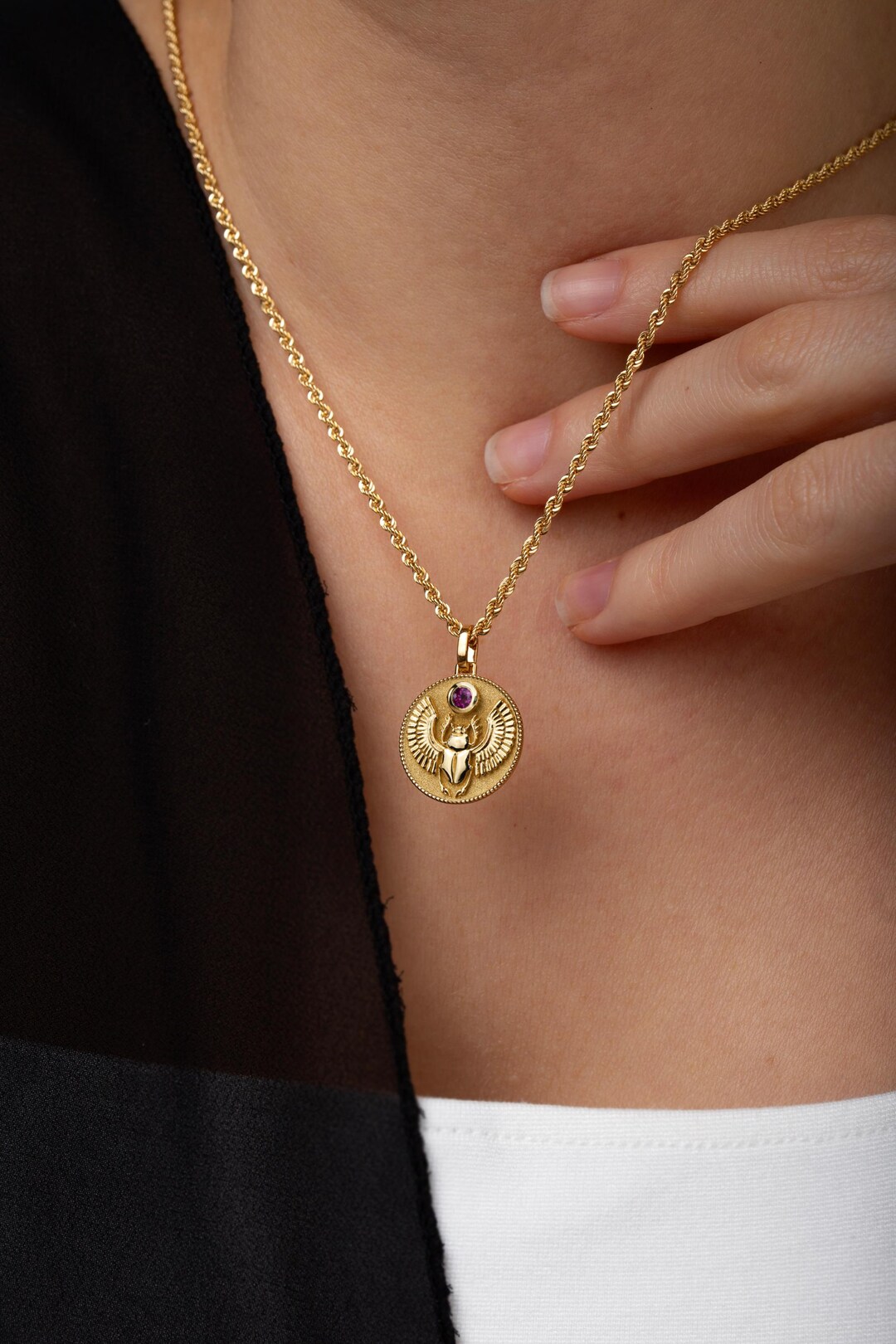 14K Gold Egyptian Scarab Ruby Pendant Necklace - Etsy