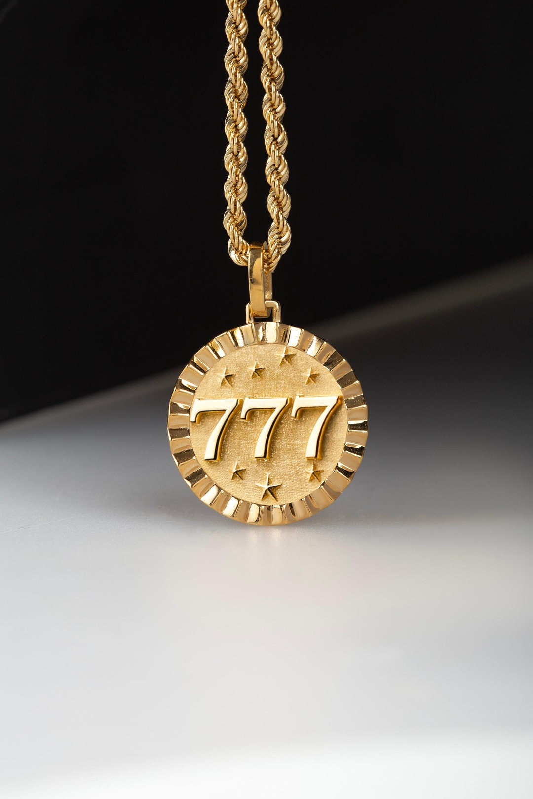 7 Lucky Number Medallion, 14K Solid Gold Angel Number Pendant ...