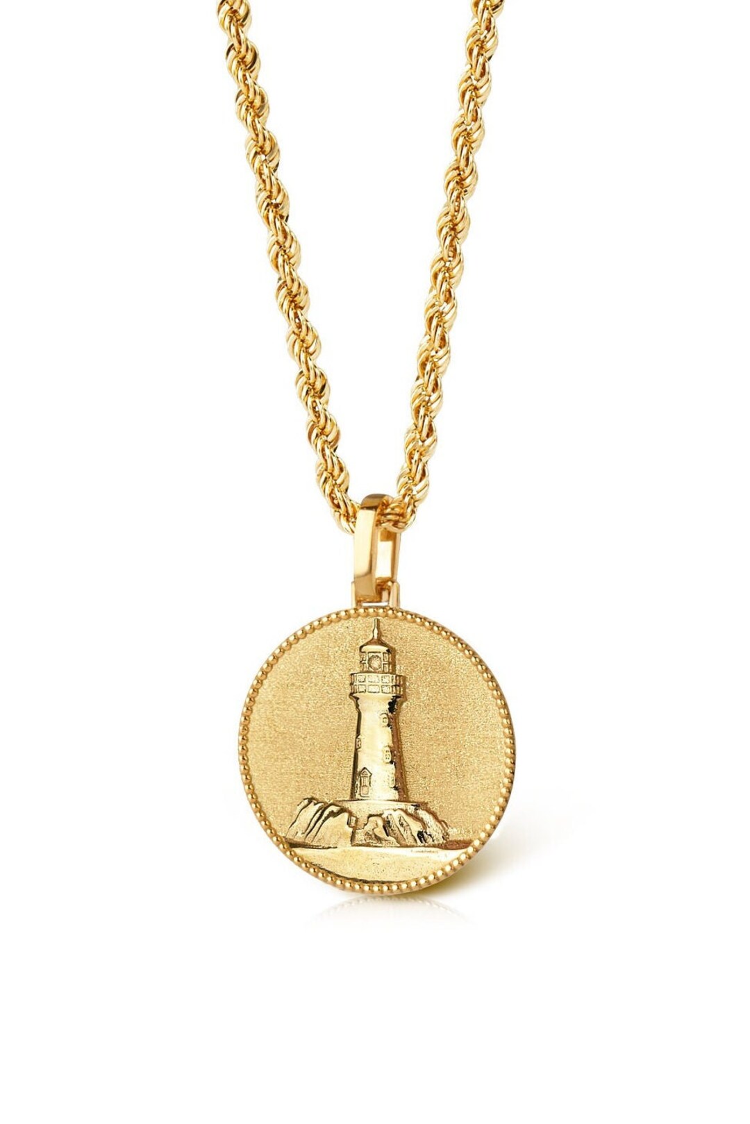 14K Gold Lighthouse Necklace: Nautical Disc Pendant, Sailor Amulet - Etsy