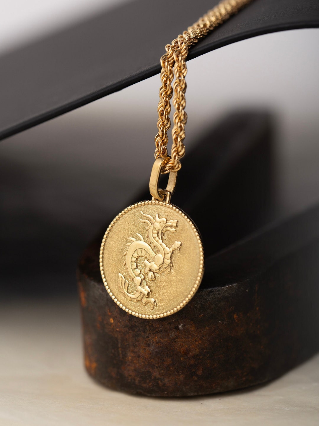 14K Solid Gold Chinese Dragon Pendant, Dragon Symbol Necklace, Chinese ...