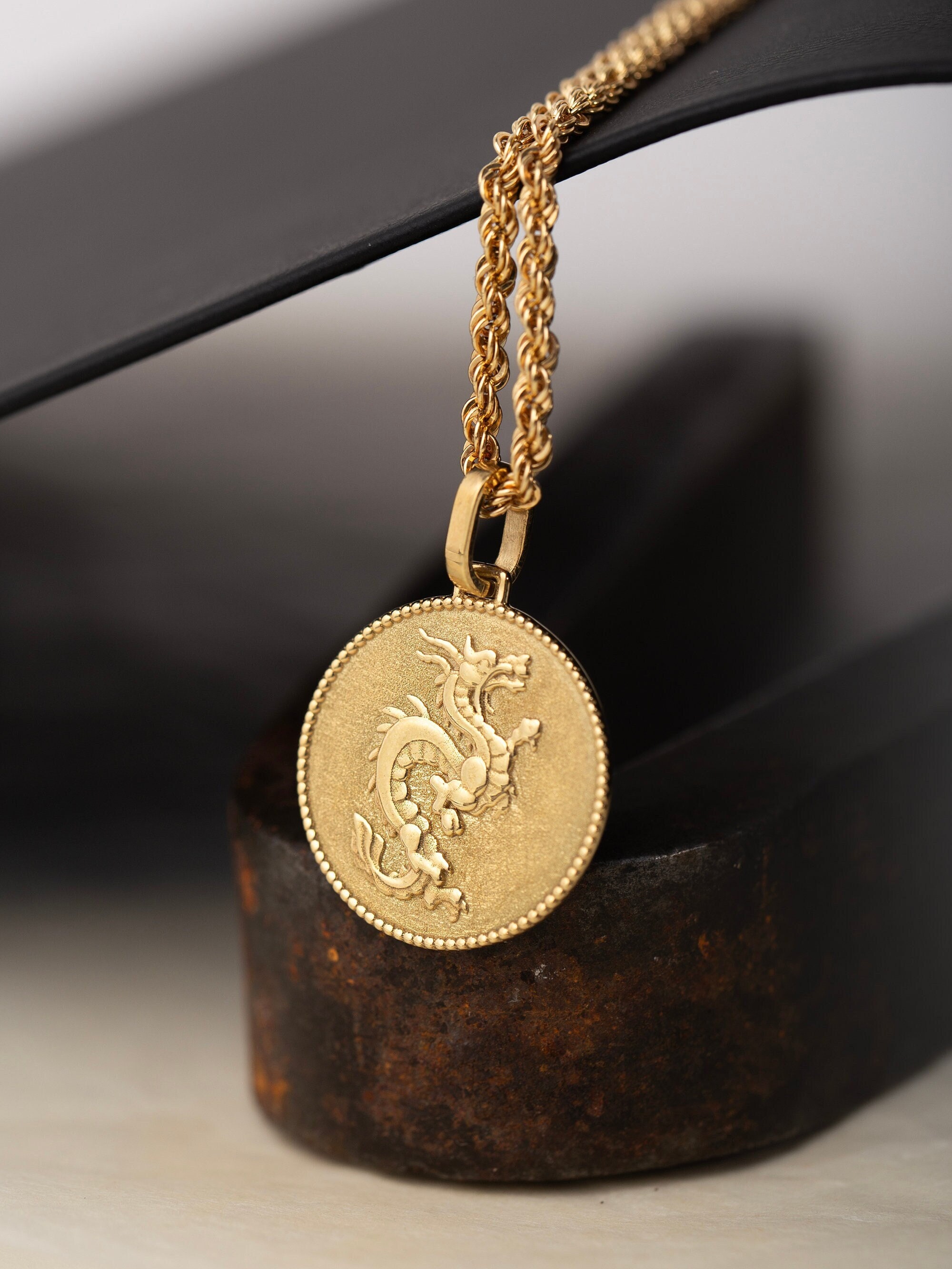 14K Solid Gold Chinese Dragon Pendant, Dragon Symbol Necklace, Chinese ...