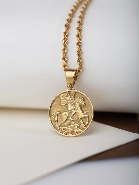 14K Gold Saint George Necklace Gold Sovereign Pendant Greek Orthodox Jewelry Gold Religious Necklace Personalized Saint George Charm