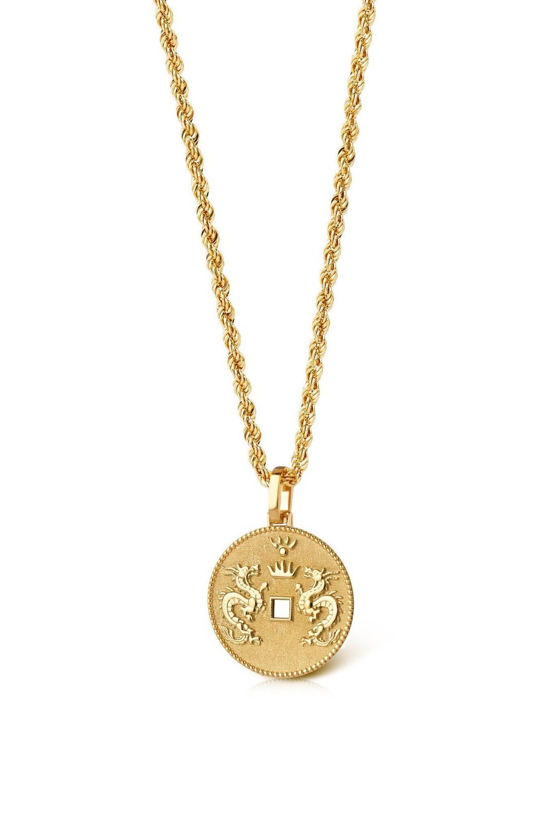14K Solid Gold Chinese Dragon Coin Pendant Necklace - Etsy