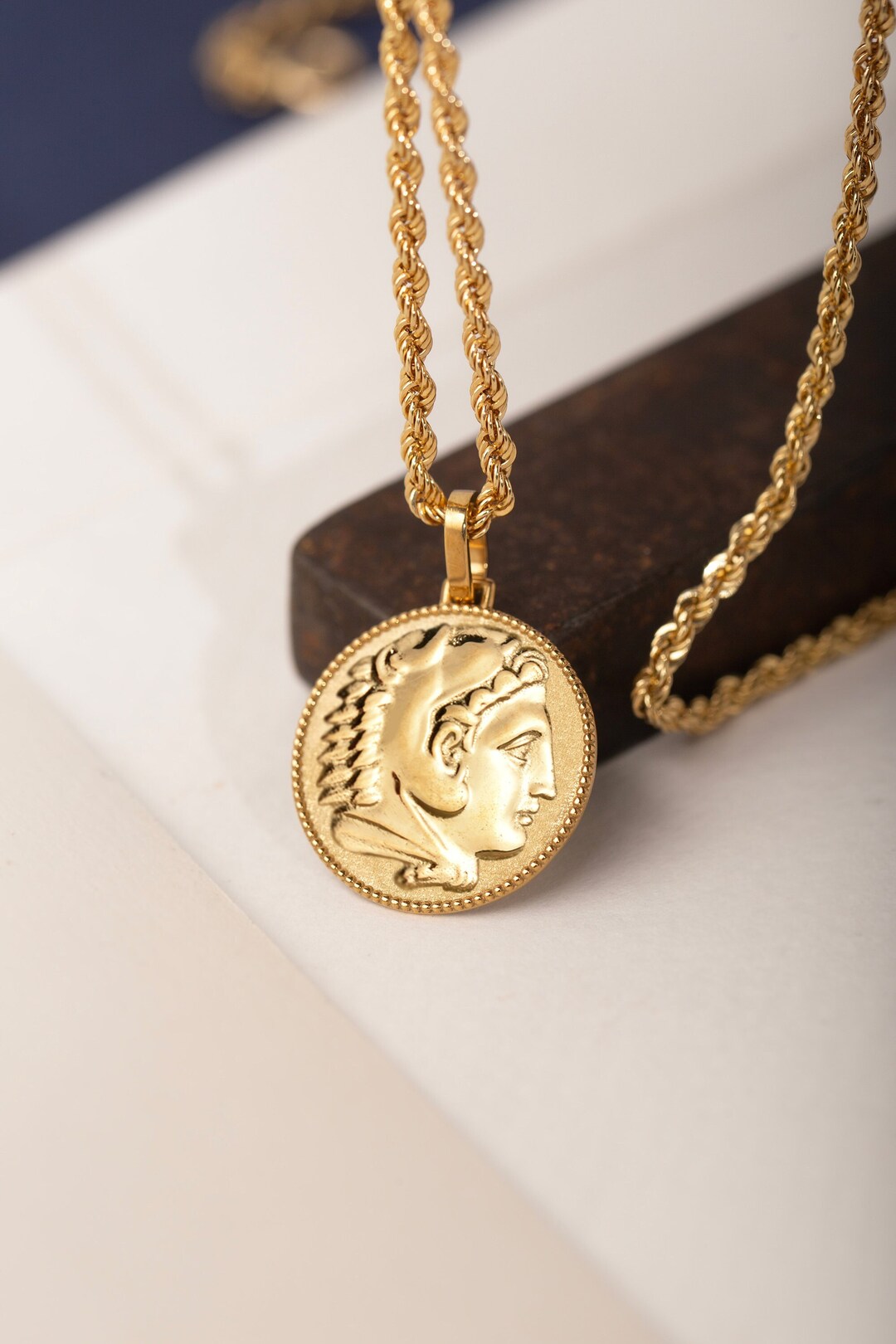 14K Gold Alexander the Great Necklace, Alexander Head Pendant ...