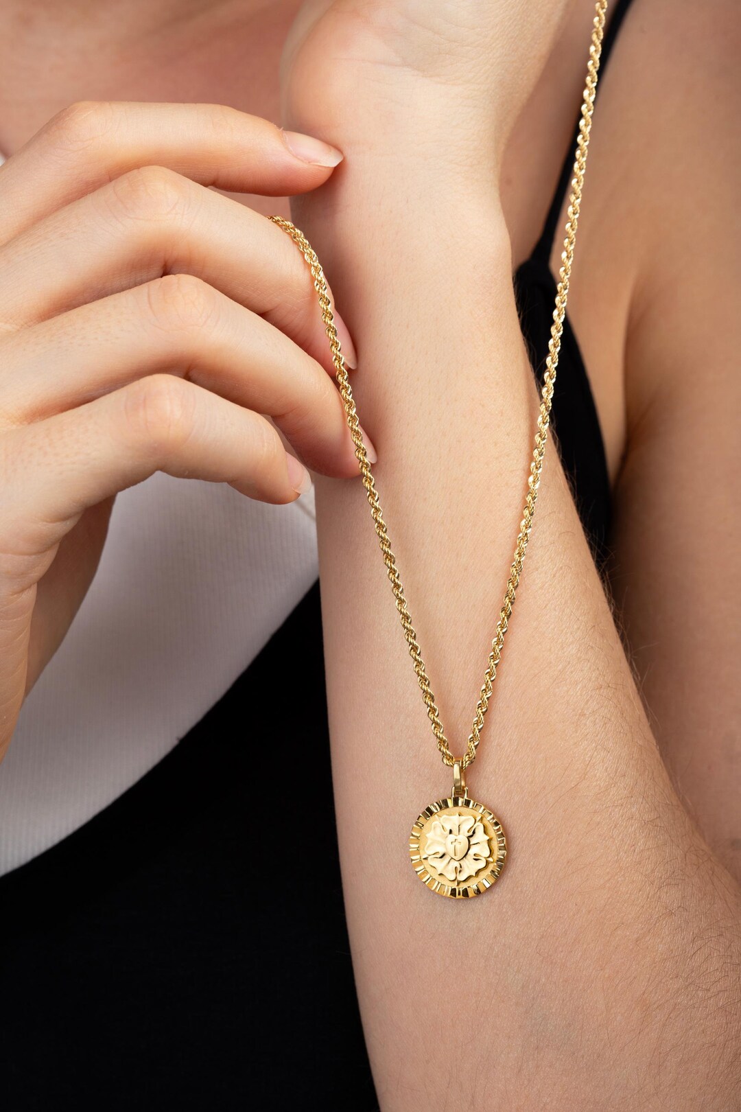 Luther Rose Necklace, 14K Solid Gold Lutheran Cross Medallion, Martin Luther Charm, Christian ...