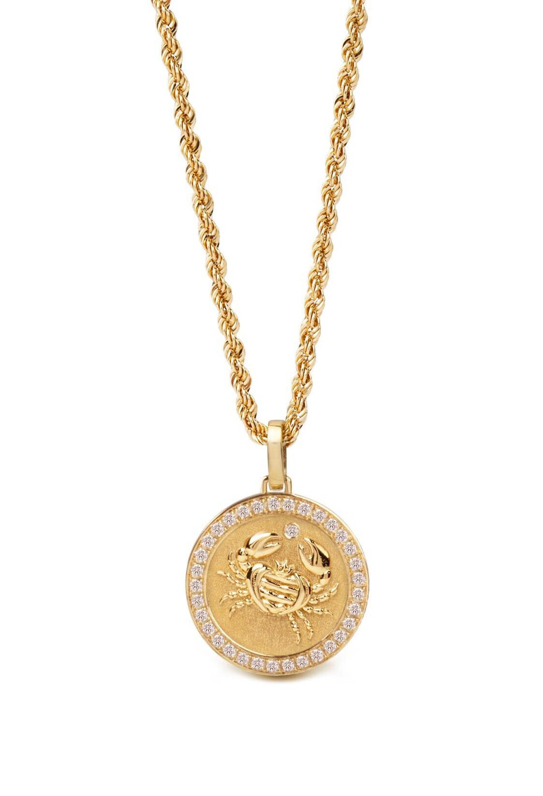 14K Gold Diamond Cancer Pendant, Personalised Zodiac Sign Coin Necklace ...