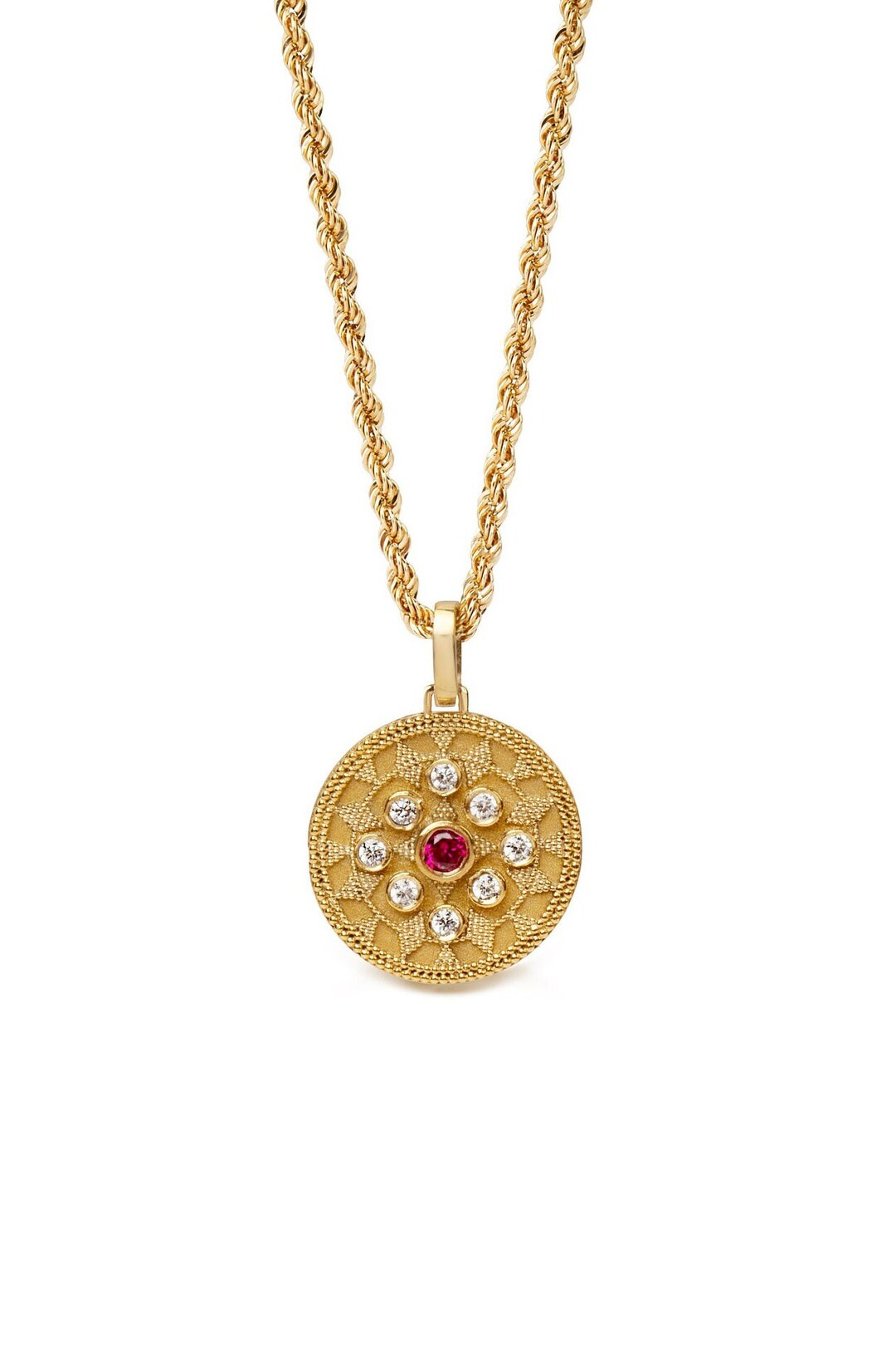 14K Gold Byzantine Greek Pendant, Ruby Gemstone Necklace, Etruscan ...
