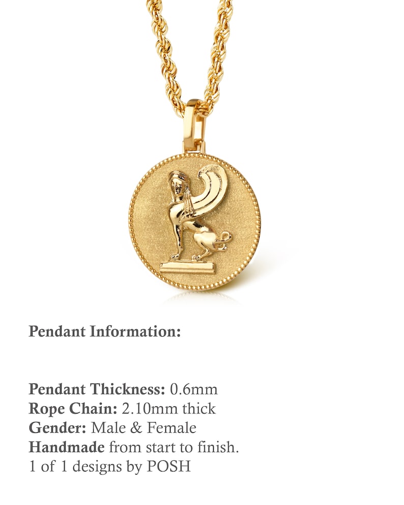 14K Solid Gold Sphinx Pendant, Egyptian Coin Necklace, Mythical Sphinx ...