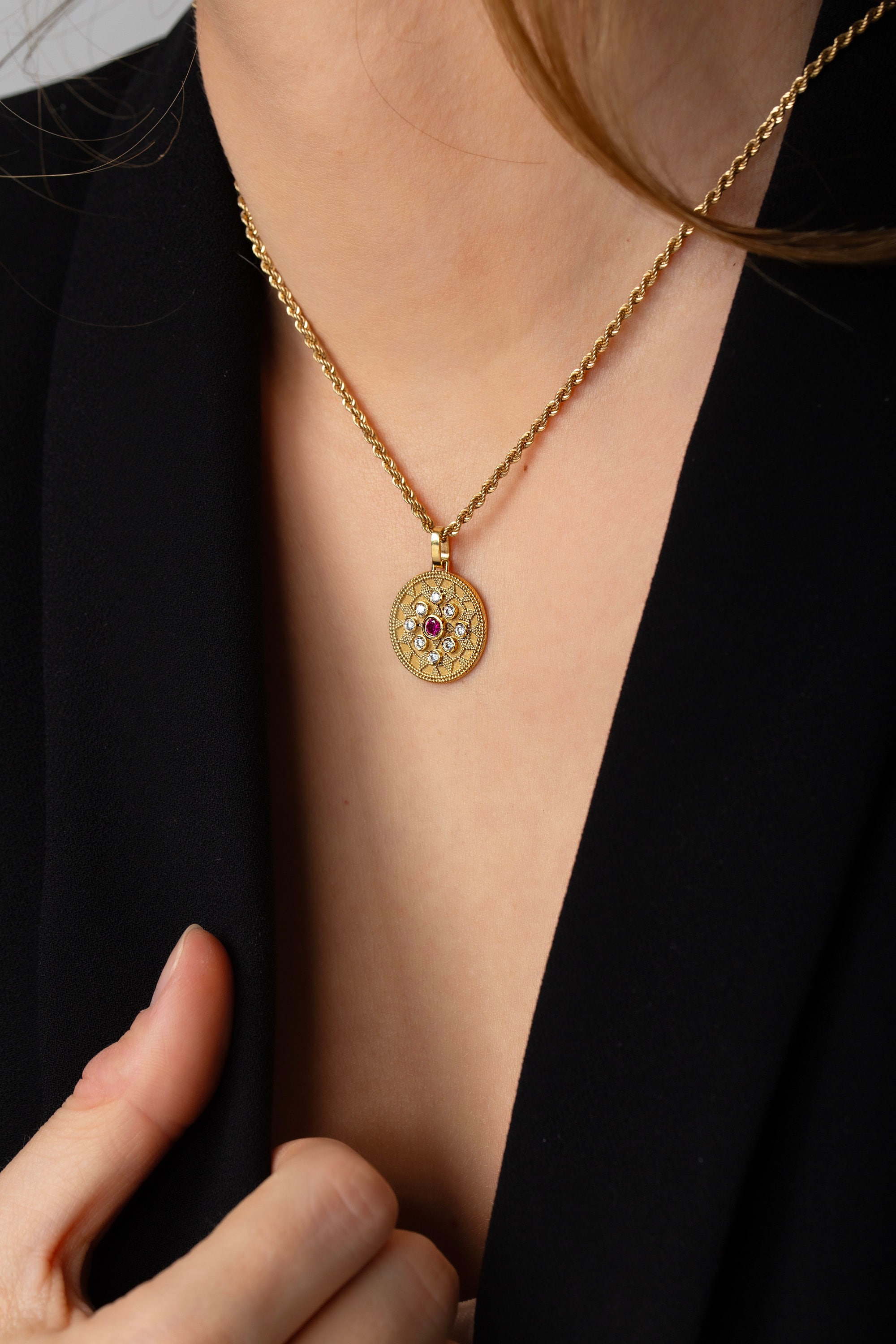 14K Gold Byzantine Greek Pendant, Ruby Gemstone Necklace, Etruscan ...