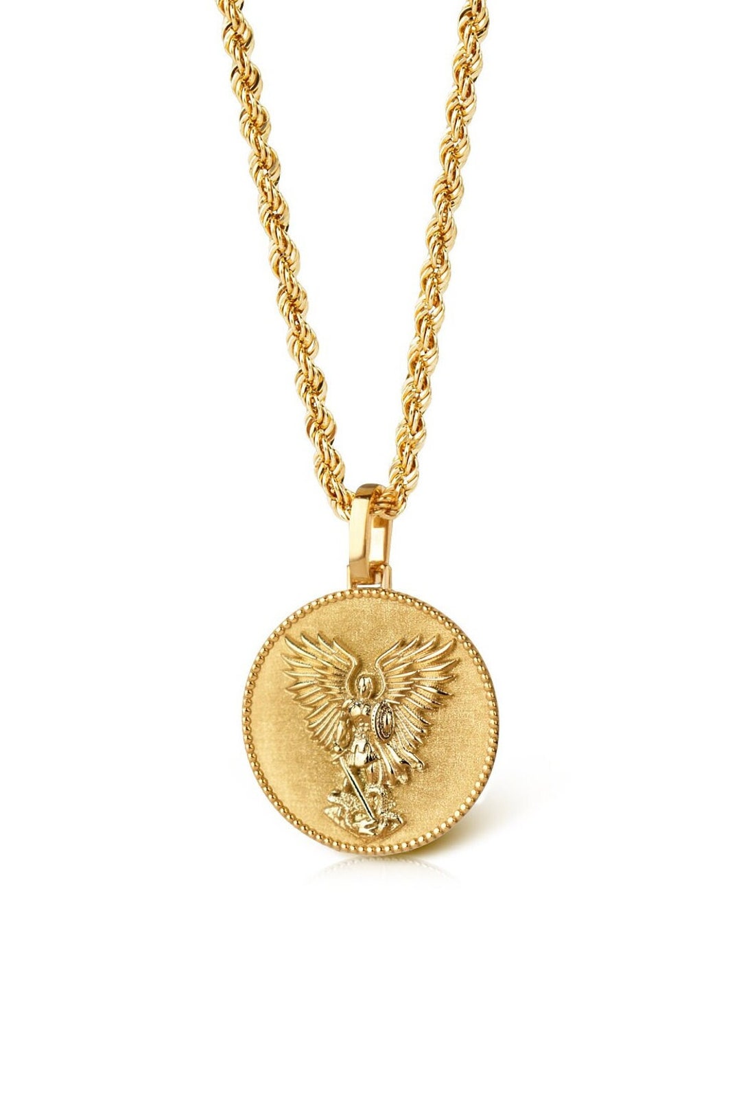 14K Gold Archangel Michael Medallion Necklace: Personalized Guardian ...
