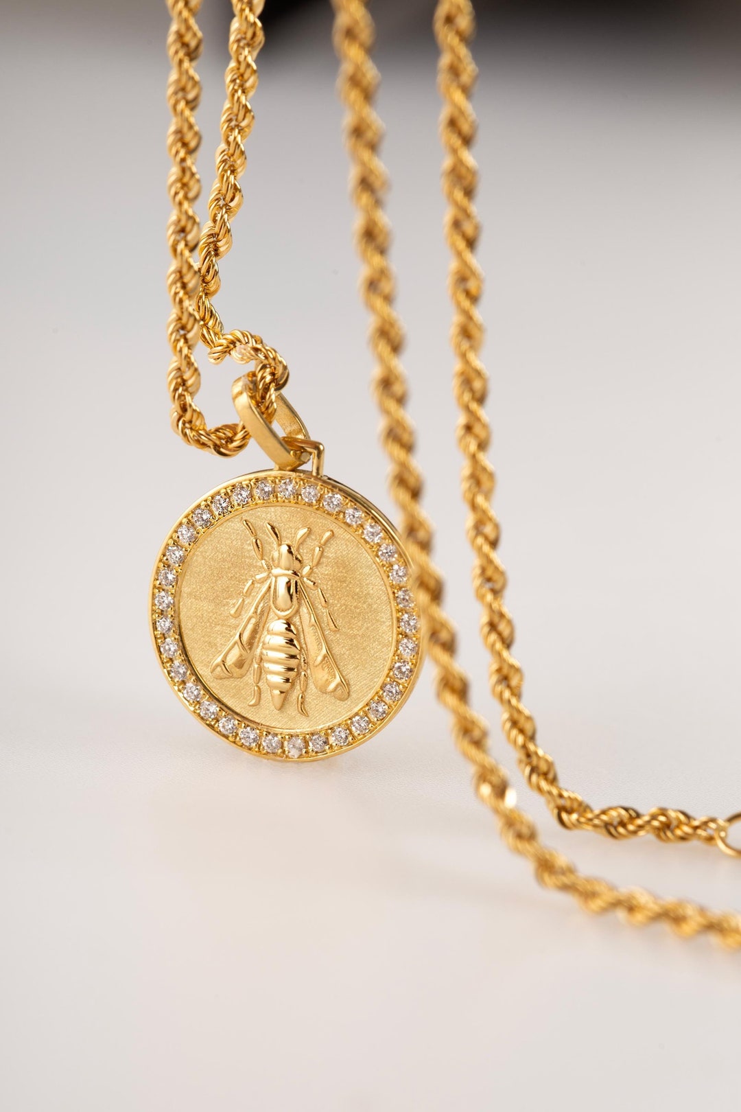 14K Gold Bee Necklace, Dainty Bumble Bee Pendant, Bee Jewelry ...