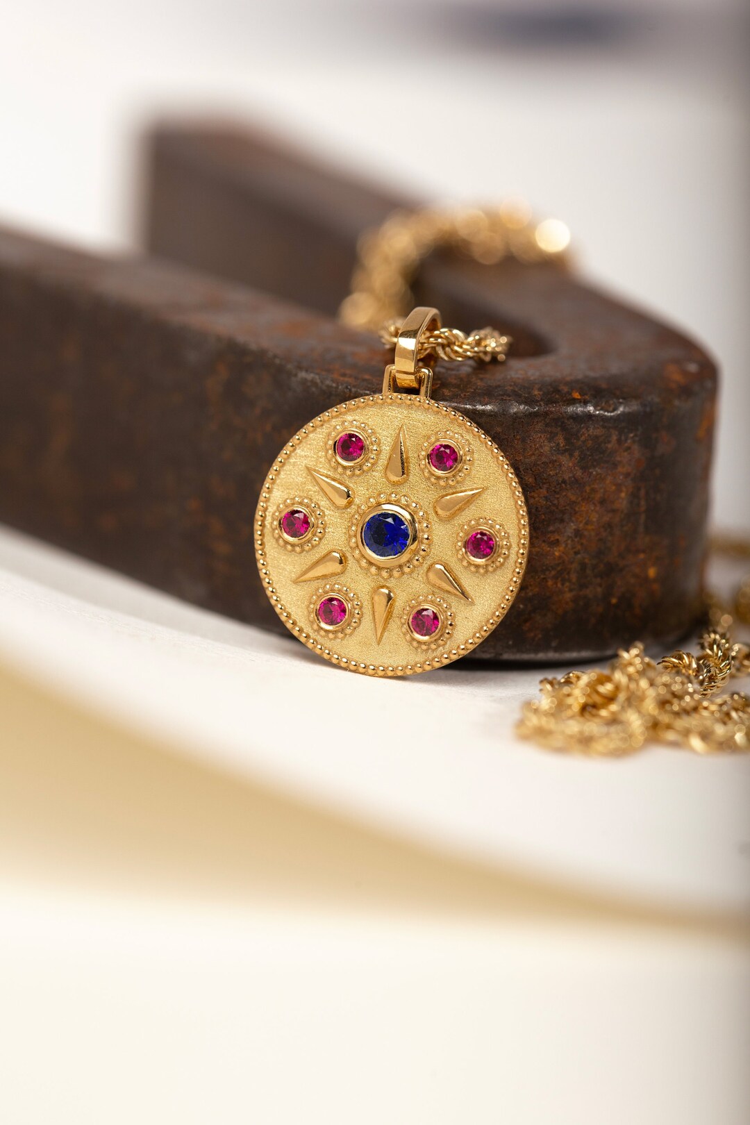 Greek Byzantine Necklace, 14K Gold Multi Gemstone Byzantine Pendant ...