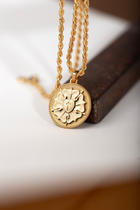 14K Solid Gold Luther Rose Pendant Christian Coin Necklace Religious Jewelry Lutheran Charm Luther Seal Pendant Martin Luther Necklace Etsy