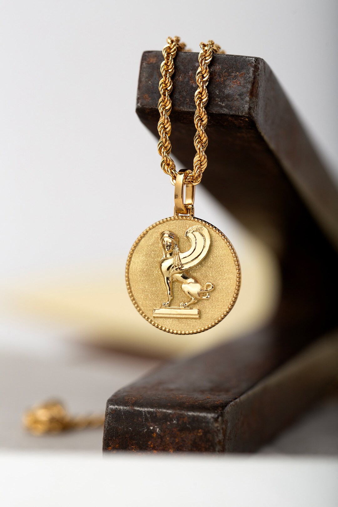14K Solid Gold Sphinx Pendant, Egyptian Coin Necklace, Mythical Sphinx ...