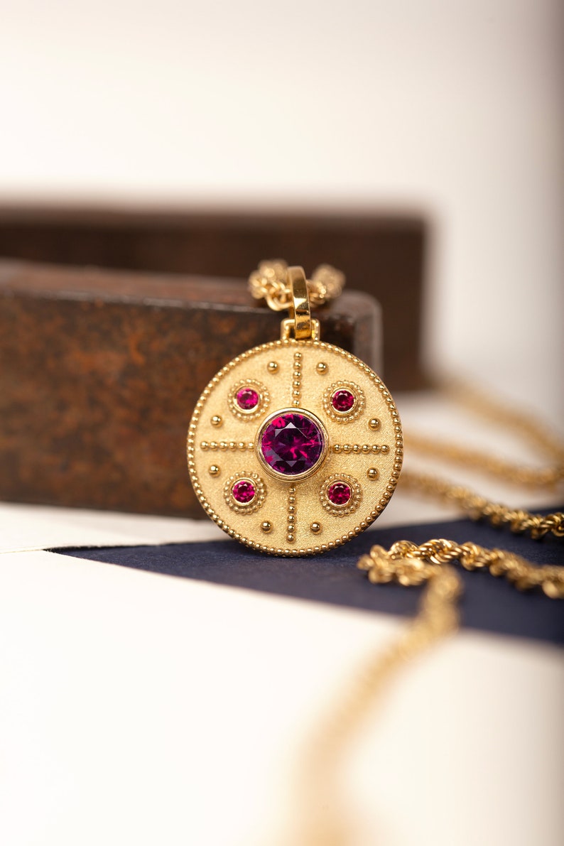 Ruby Byzantine Pendant, 14K Solid Gold Necklace, Ancient Greek Jewelry ...