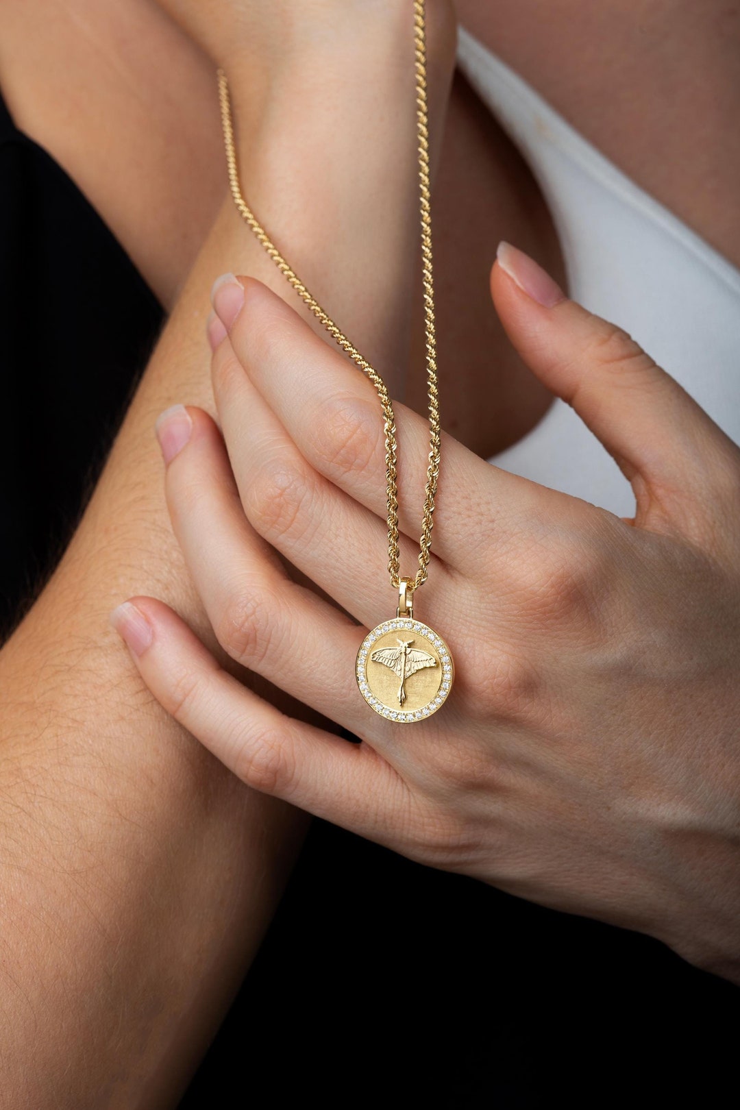 14K Gold Moth Necklace, Custom Diamond Moth Pendant, Dainty Butterfly ...