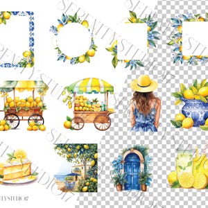 Lemon Mediterranean Watercolor Clip Arts | Citrus Elements and Seamless ...
