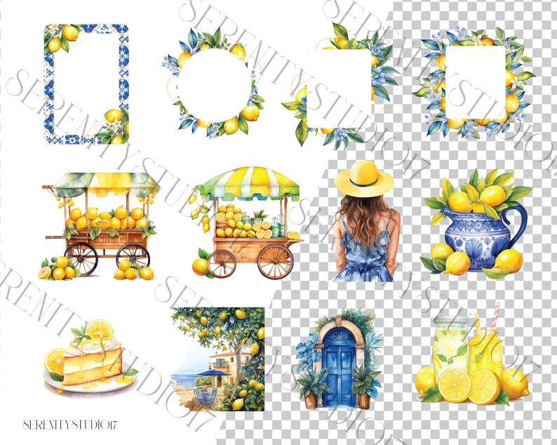 Lemon Mediterranean Watercolor Clip Arts | Citrus Elements and Seamless ...
