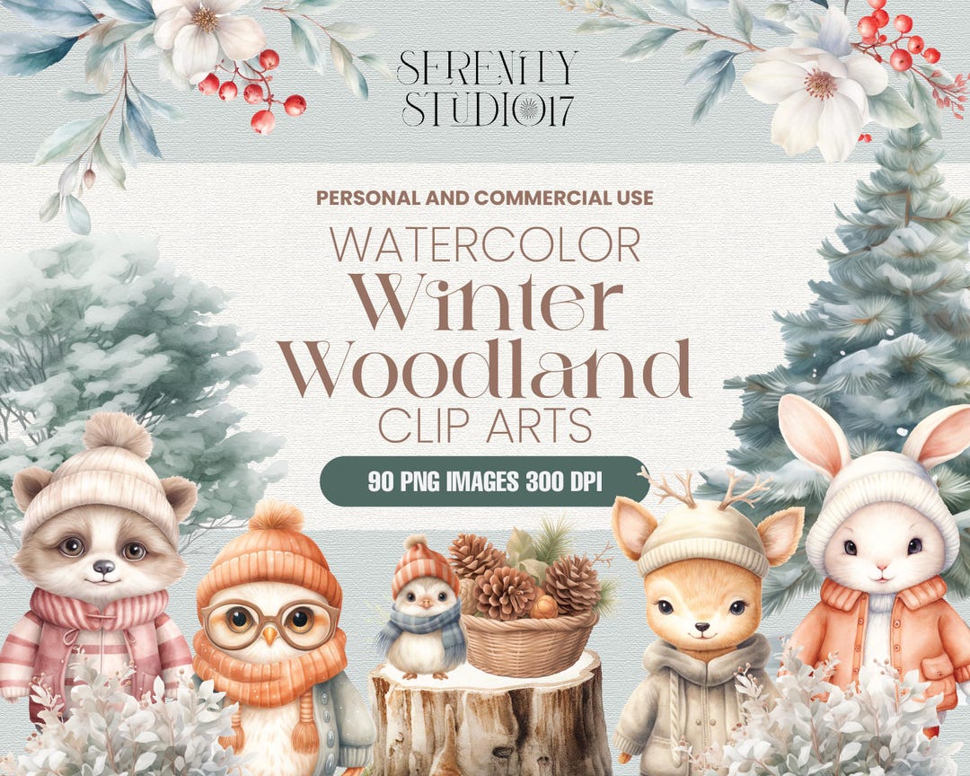 Winter Woodland Watercolor Clip Arts | Watercolor Forest Animal, Snowy ...