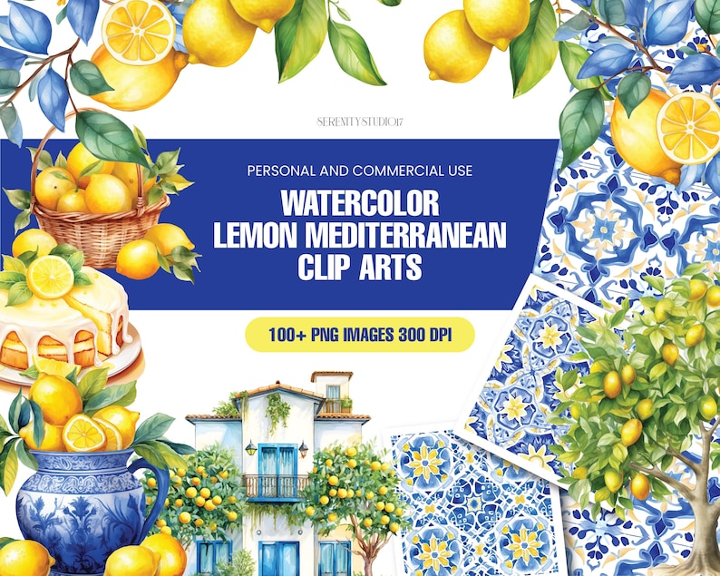 Lemon Mediterranean Watercolor Clip Arts | Citrus Elements and Seamless ...
