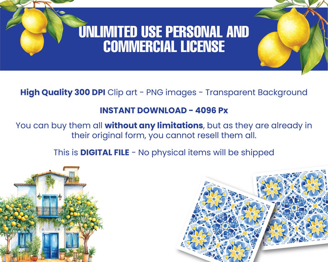 Lemon Mediterranean Watercolor Clip Arts | Citrus Elements and Seamless ...