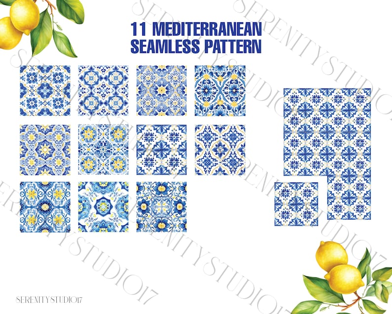 Lemon Mediterranean Watercolor Clip Arts | Citrus Elements and Seamless ...