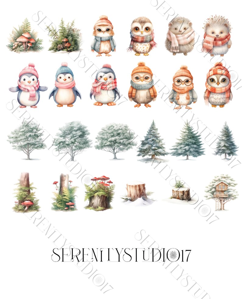 Winter Woodland Watercolor Clip Arts | Watercolor Forest Animal, Snowy ...