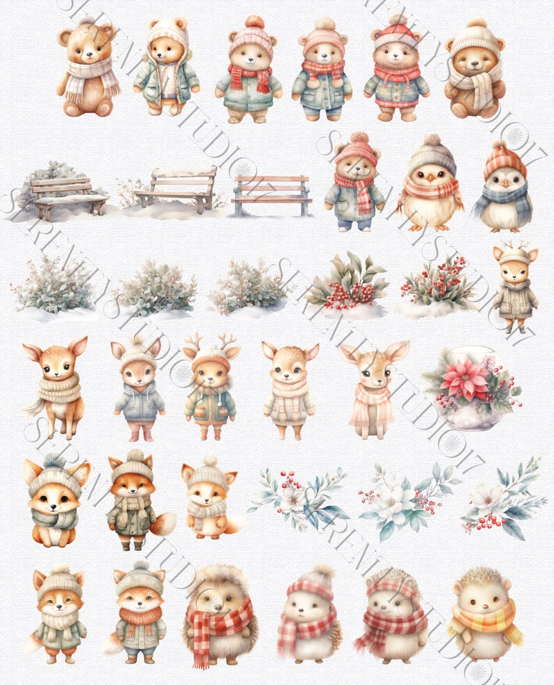 Winter Woodland Watercolor Clip Arts | Watercolor Forest Animal, Snowy ...