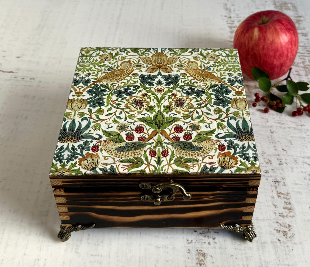 William Morris Strawberry Thief Green Wooden Tea Box, Art Nouveau Box ...