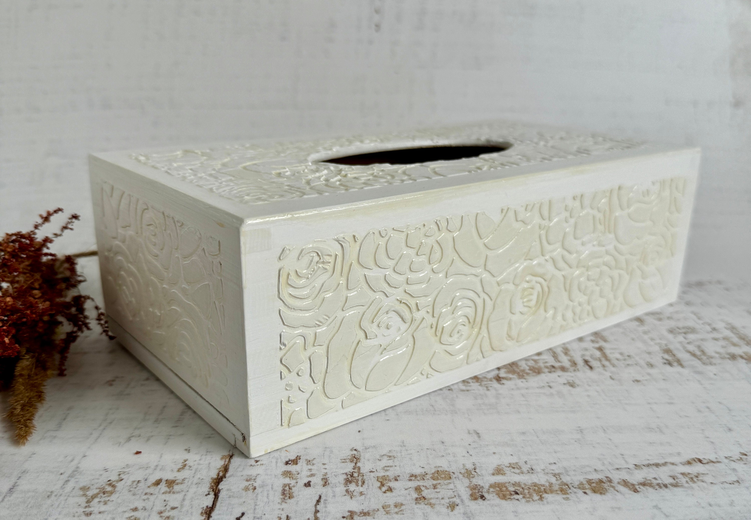 Elegant Hand Painted White Rose Tissue Box Rectangular Design With ...