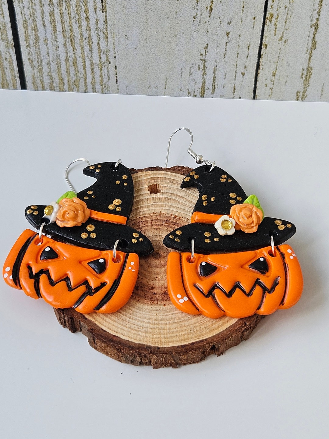 Handcrafted Polymer Clay Witches Hat and Pumpkin Earrings - Etsy
