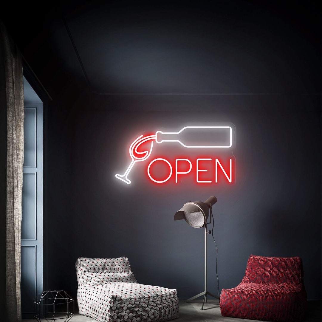 Bar Open Neon Sign, Wine Bar Sign, Alcohol Wall Decor, Glass of Wine ...