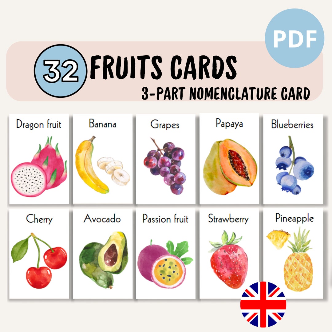 32x Watercolor FRUIT Flashcards PRE-SCHOOL Glossary Educational Fruit ...