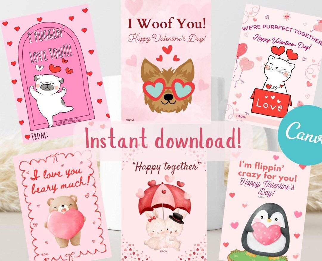 Editable Printable Cute Animals Valentine Day Cards, Kids Valentine ...