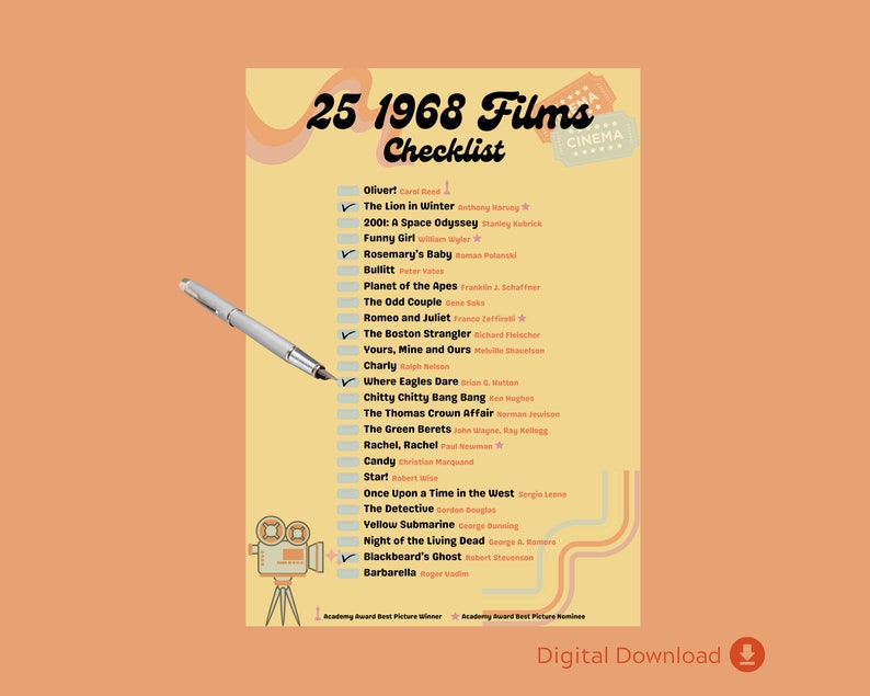 1968 Film Checklist 60s Movies Tracker Feature Film Challenge Classic ...